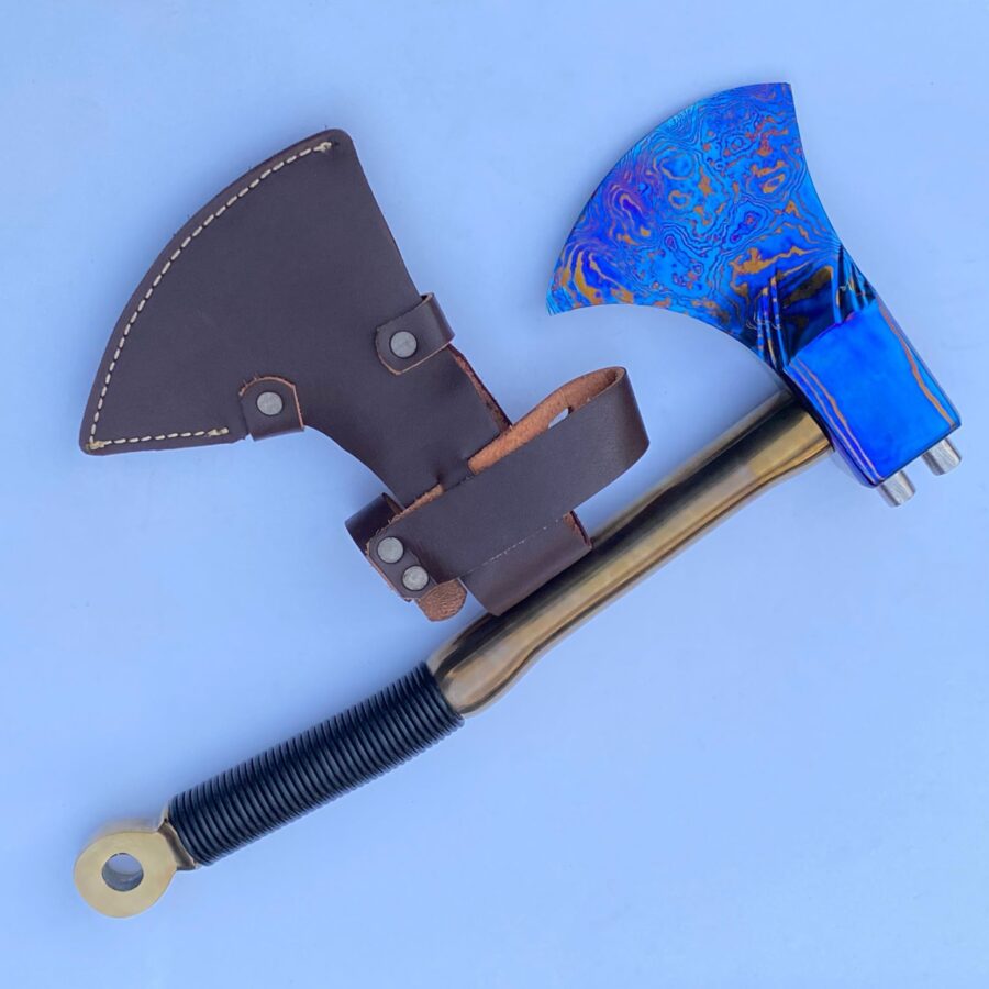 Timascus head Viking Axe with Quenching gold titanium handle | EMA Forge